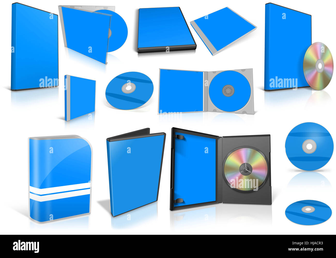 Blue multimedia disks and boxes on white background. Ready to be ...