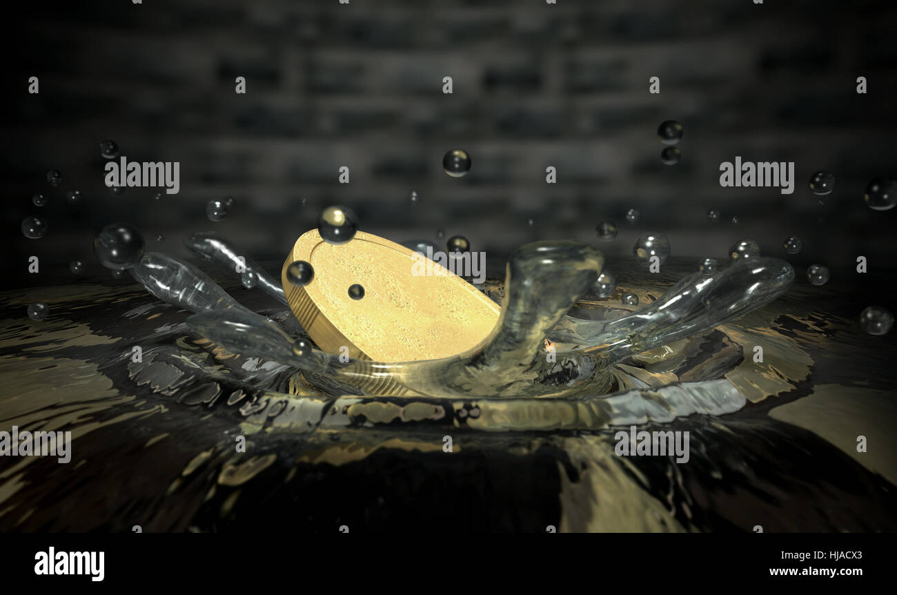An extrem closeup of a gold coin hitting the surface of the water ...
