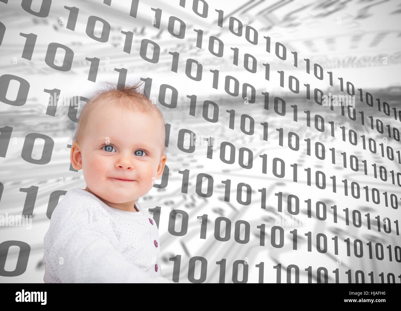 Baby sitting in front of binary codes background Stock Photo - Alamy