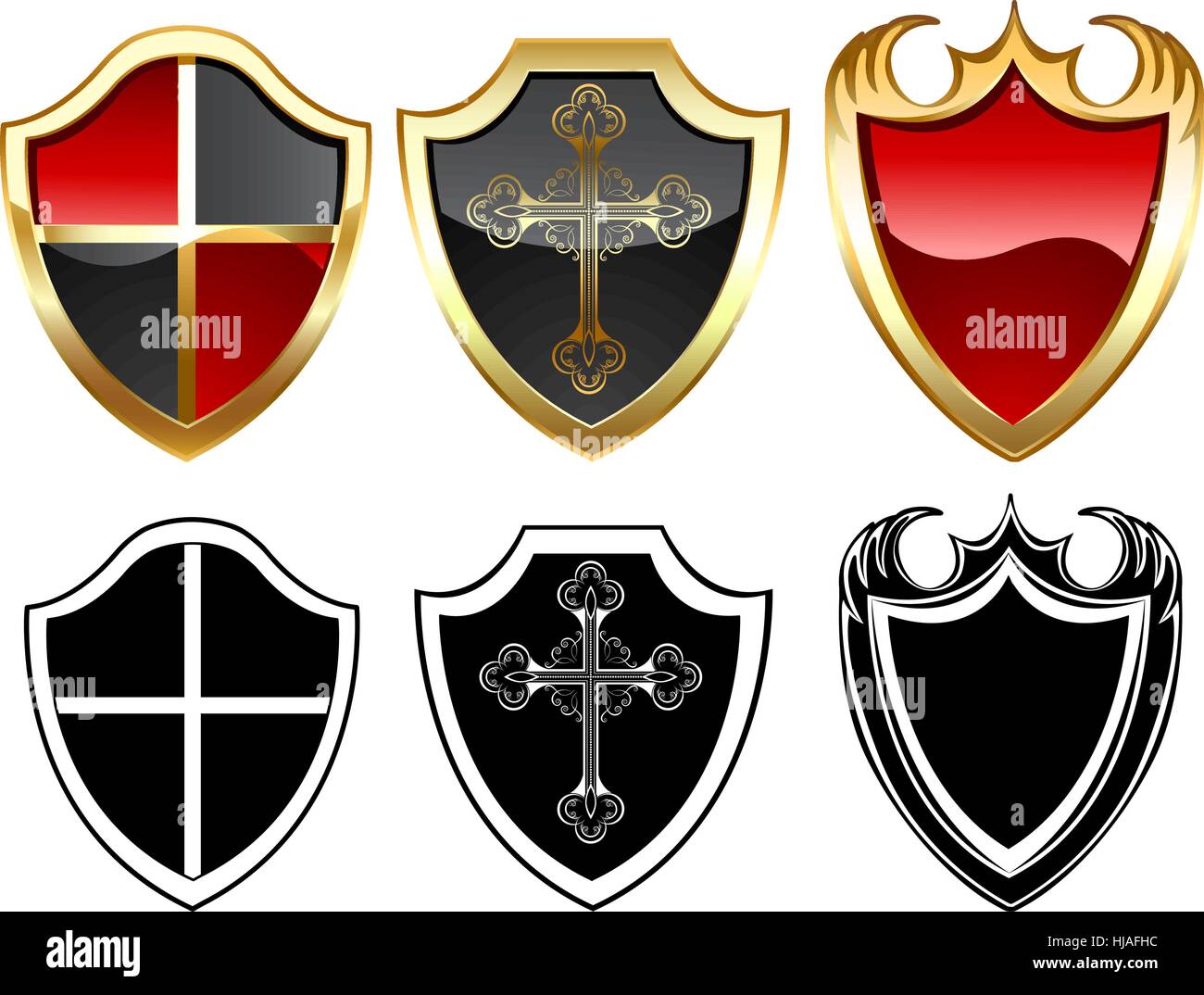three gold and three black shield on a white background Stock Vector ...
