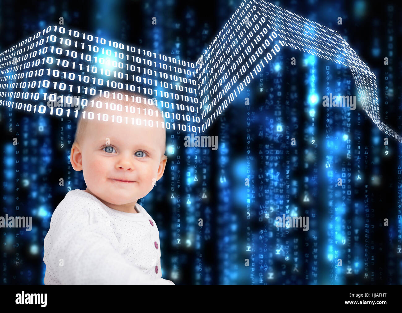 Portrait of baby with matrix background and binary codes Stock Photo ...