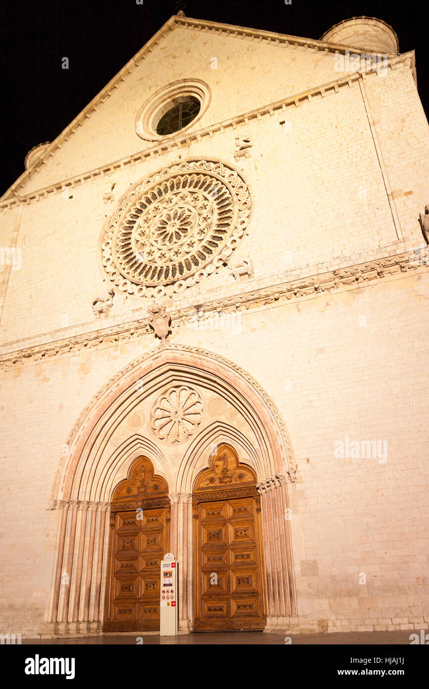 Facade of church at night illuminated. Assisi, Umbria. Italy Stock ...