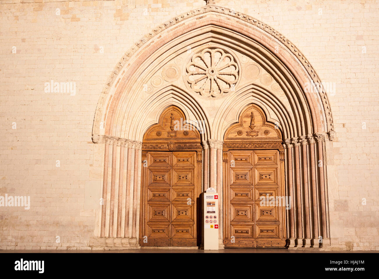 Facade of church at night illuminated. Assisi, Umbria. Italy Stock ...