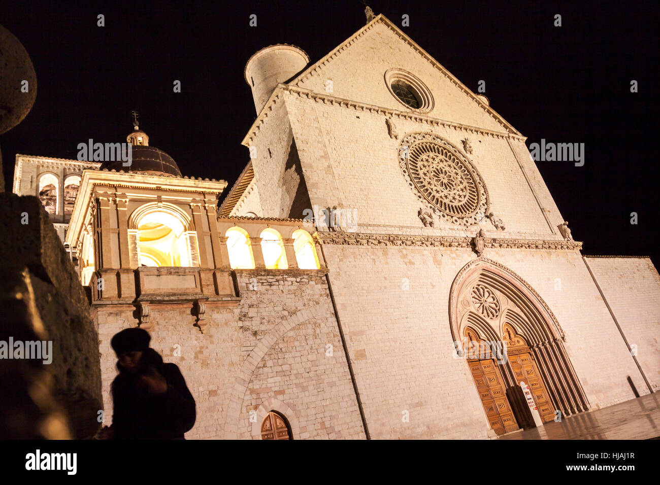 Facade of church at night illuminated. Assisi, Umbria. Italy Stock ...