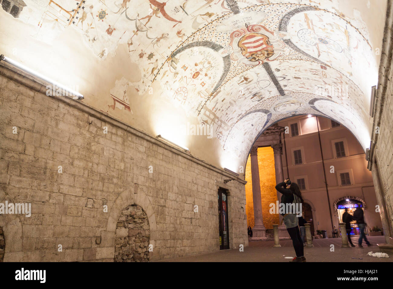 Alleys and squares at night with illumination. Assisi, Umbria. Italy ...
