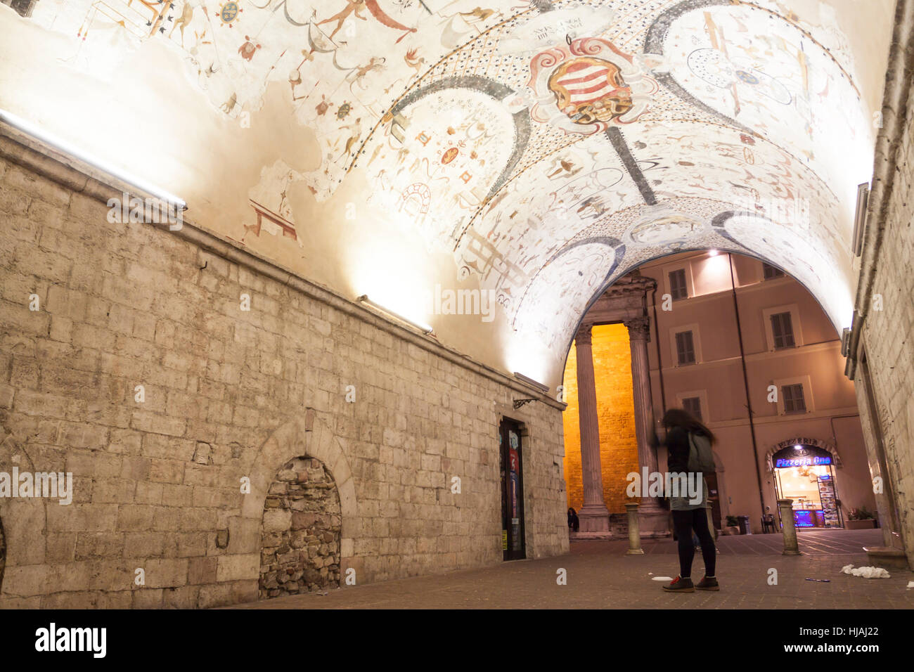 Alleys and squares at night with illumination. Assisi, Umbria. Italy ...
