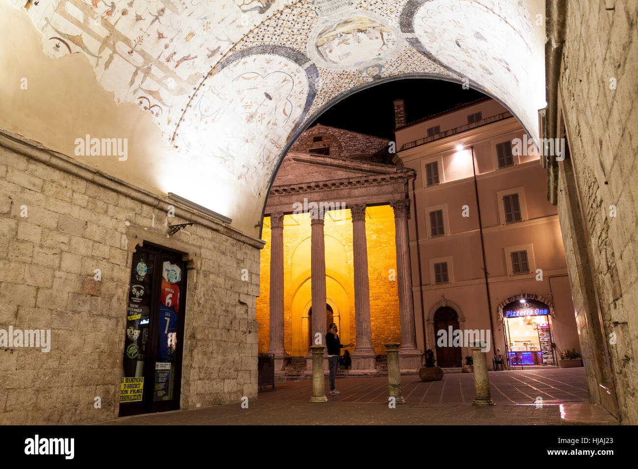 Alleys and squares at night with illumination. Assisi, Umbria. Italy ...