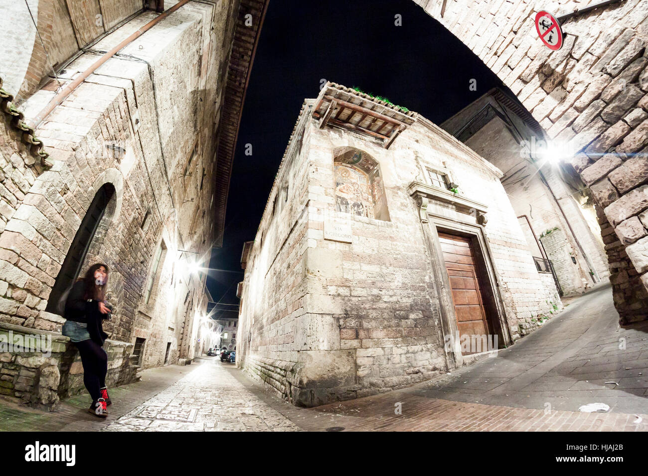 Alleys and squares at night with illumination. Assisi, Umbria. Italy ...