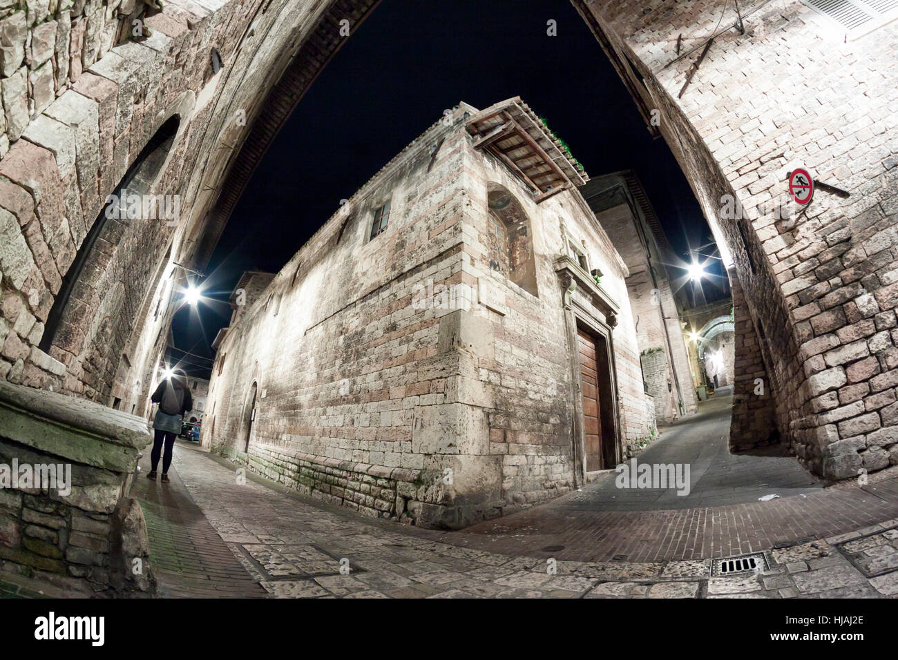 Alleys and squares at night with illumination. Assisi, Umbria. Italy ...
