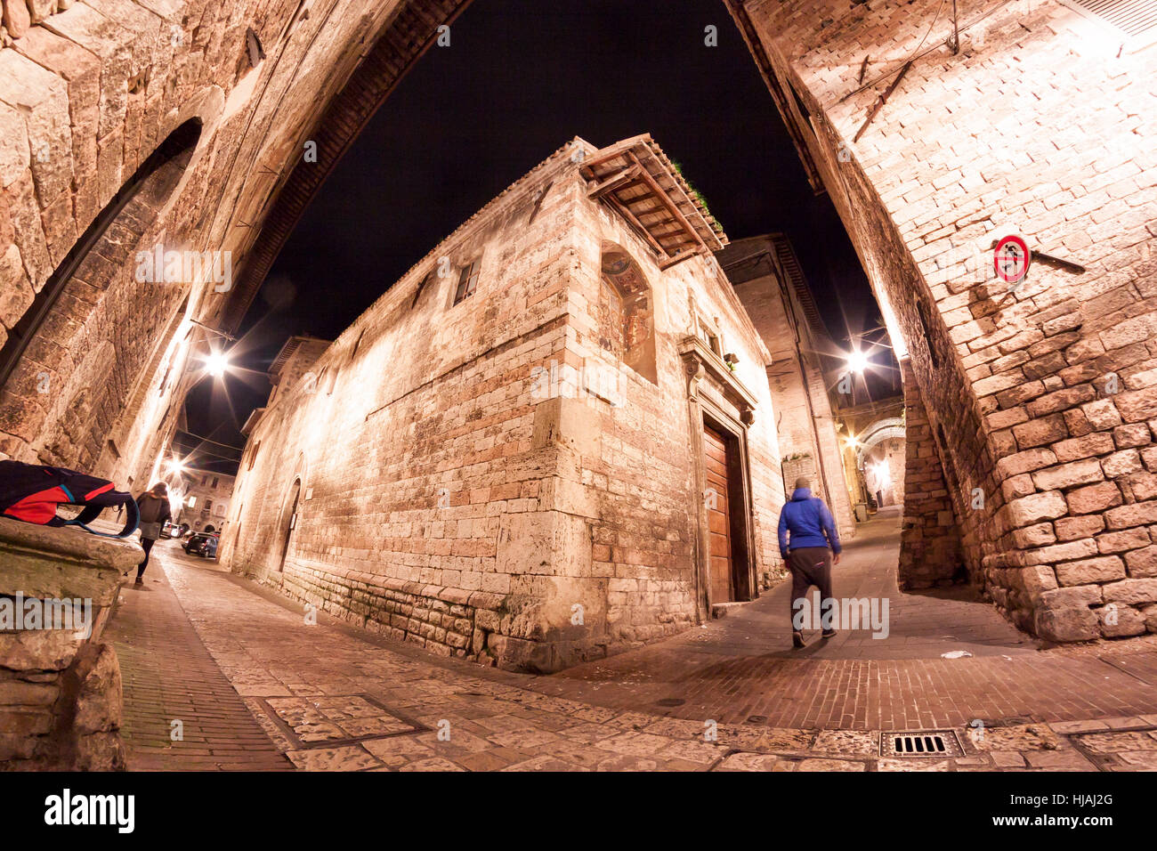 Alleys and squares at night with illumination. Assisi, Umbria. Italy ...