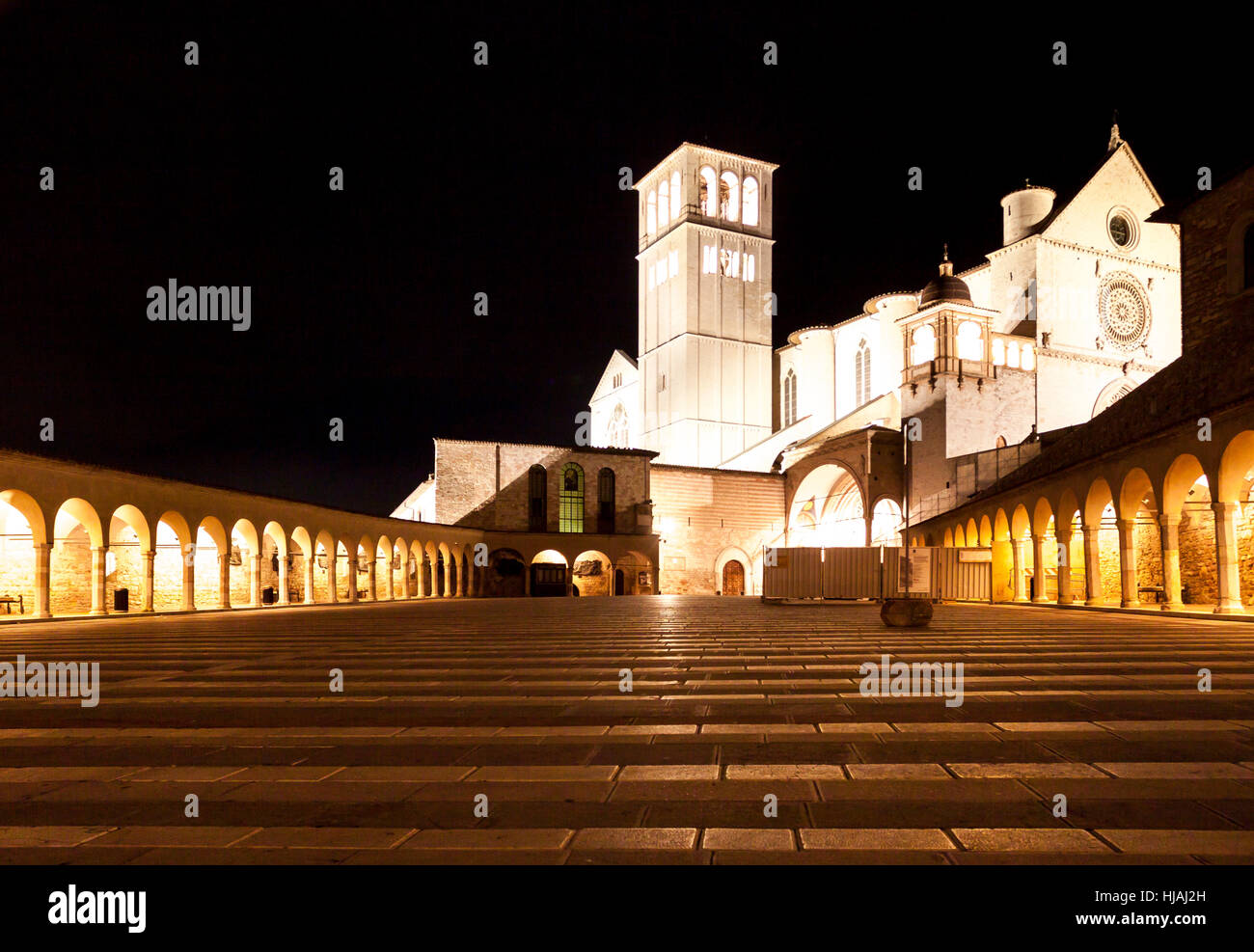 Facade of church at night illuminated. Assisi, Umbria. Italy Stock ...