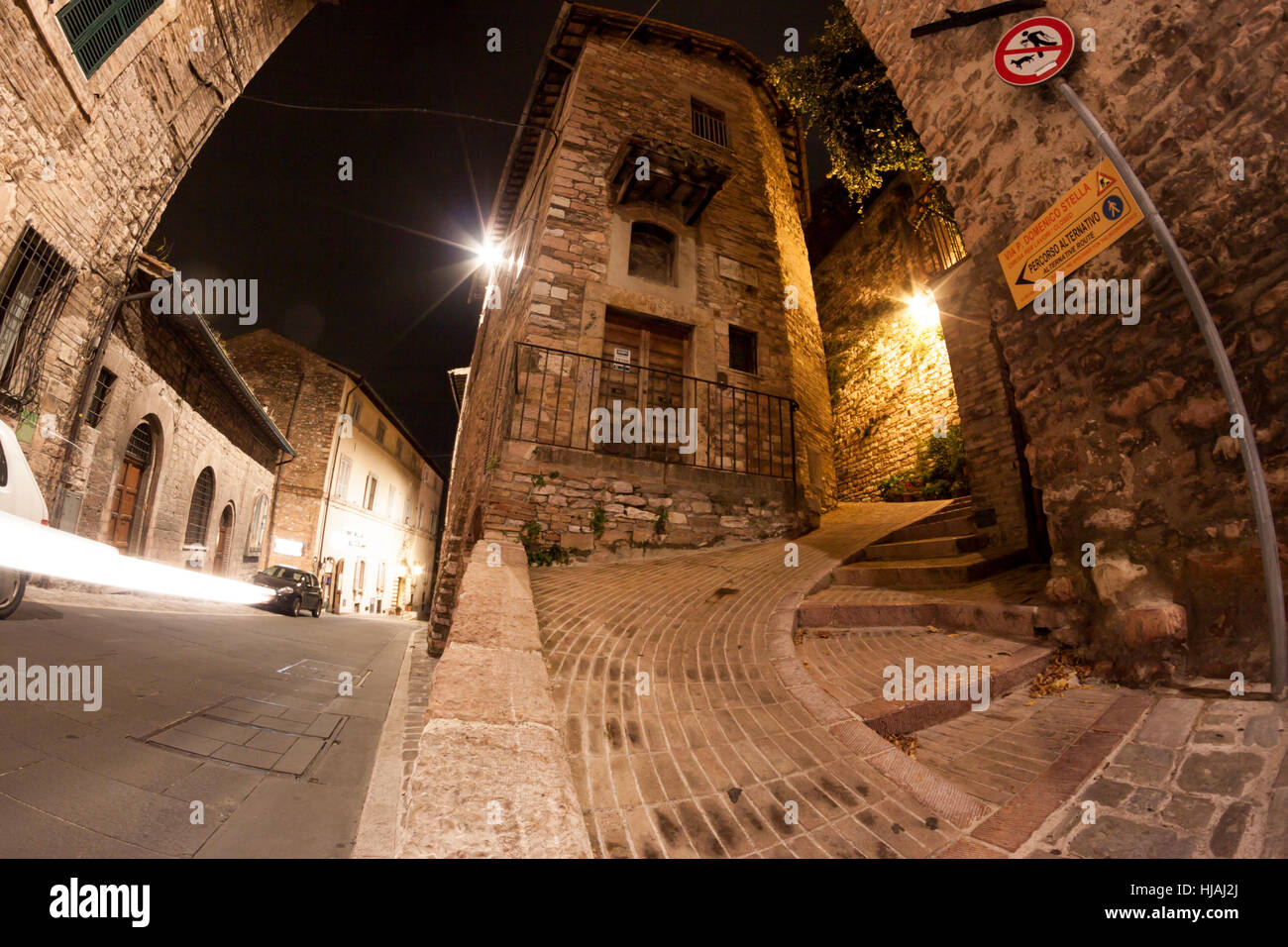 Alleys and squares at night with illumination. Assisi, Umbria. Italy ...