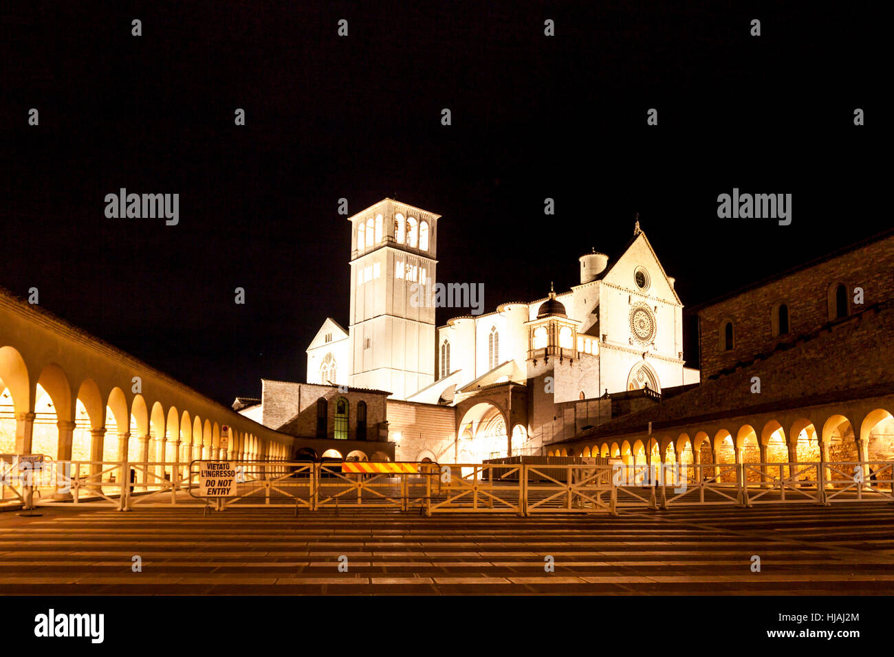 Facade of church at night illuminated. Assisi, Umbria. Italy Stock ...
