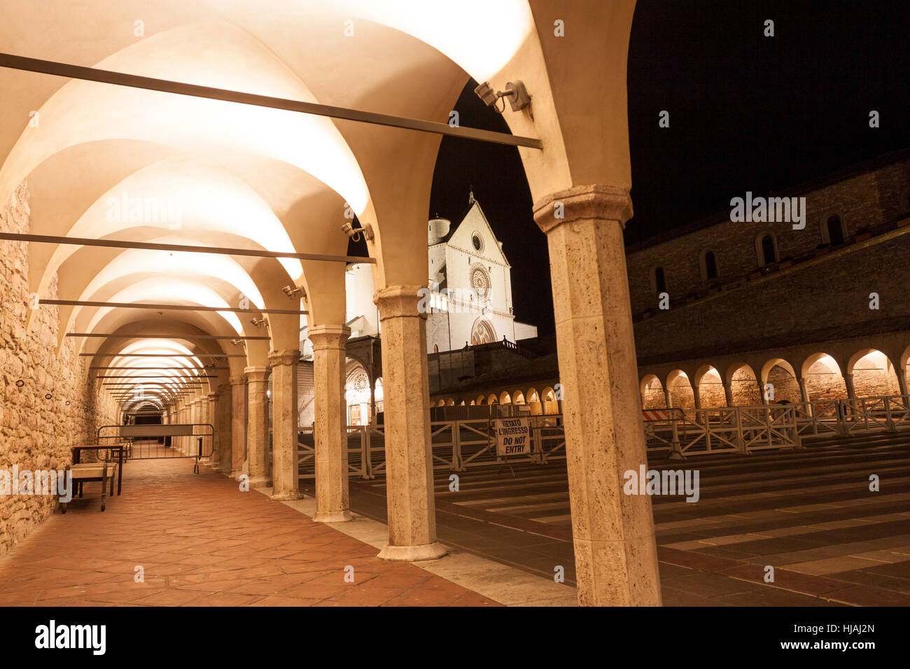 Facade of church at night illuminated. Assisi, Umbria. Italy Stock ...