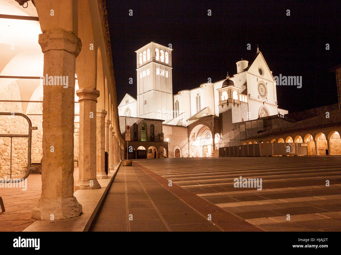 Facade of church at night illuminated. Assisi, Umbria. Italy Stock ...