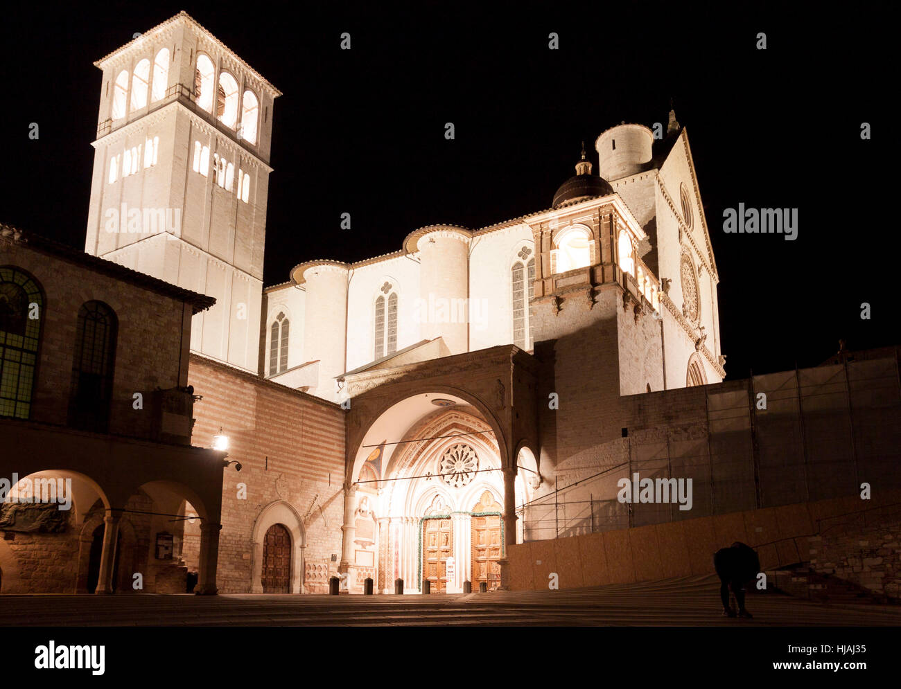 Facade of church at night illuminated. Assisi, Umbria. Italy Stock ...