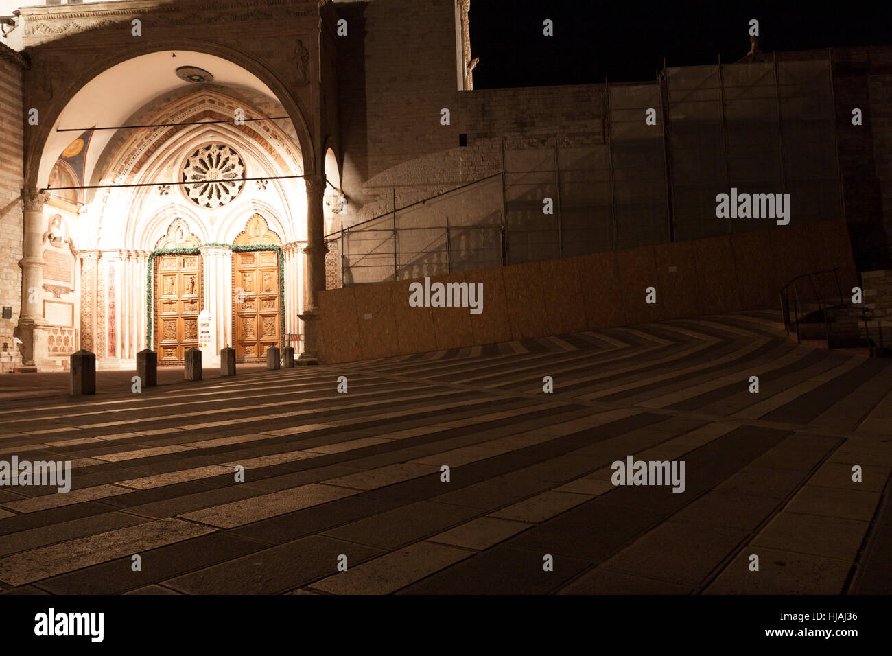 Facade of church at night illuminated. Assisi, Umbria. Italy Stock ...
