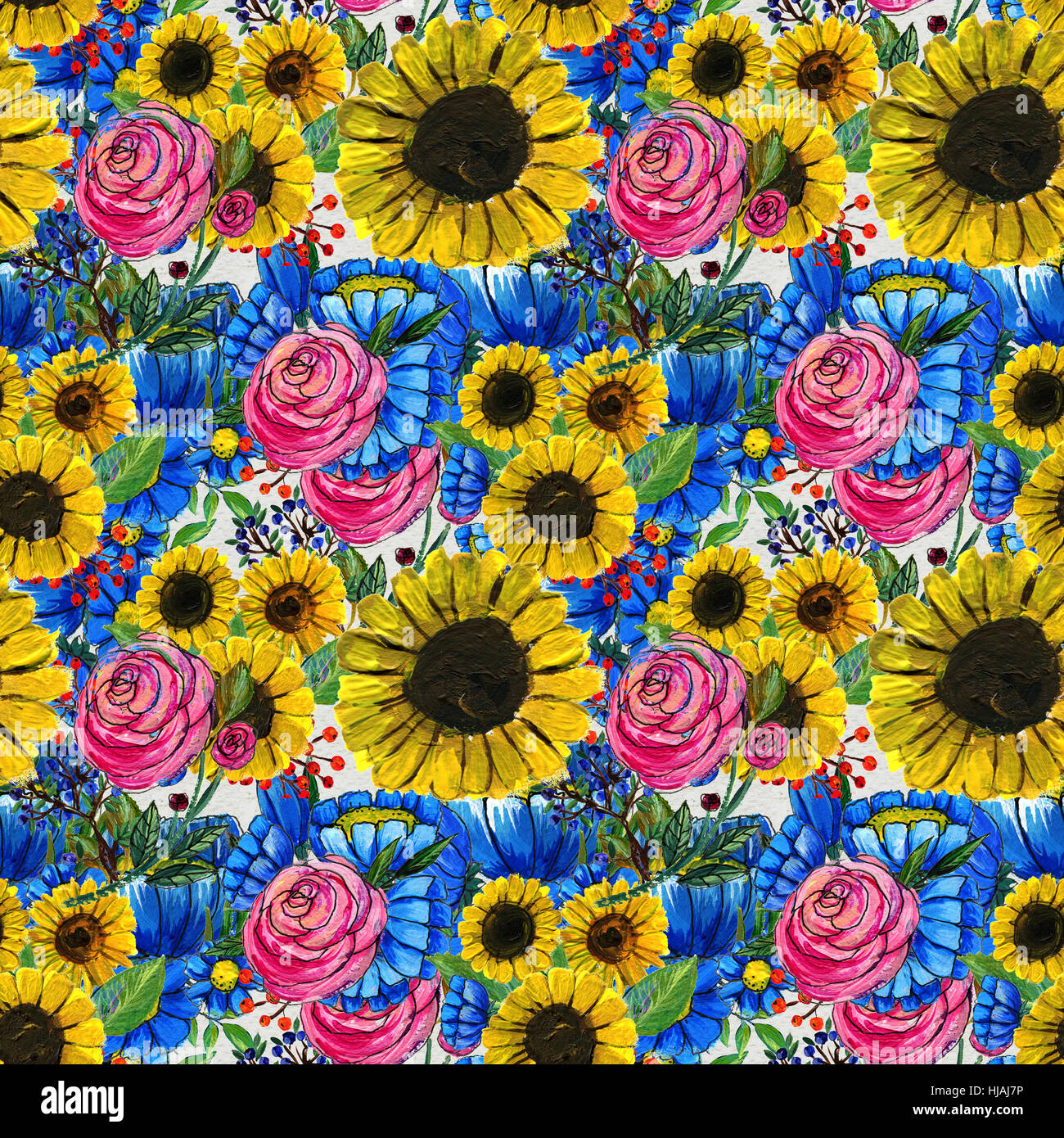 Seamless pattern with blue yellow and pink flowers Stock Photo - Alamy