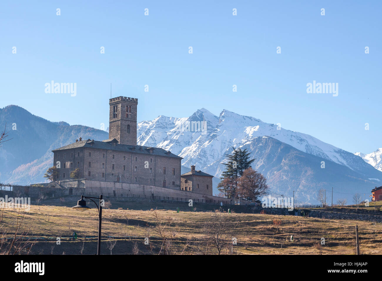 A landscape with castle. Aosta, Valle d'aosta. Italy Stock Photo - Alamy