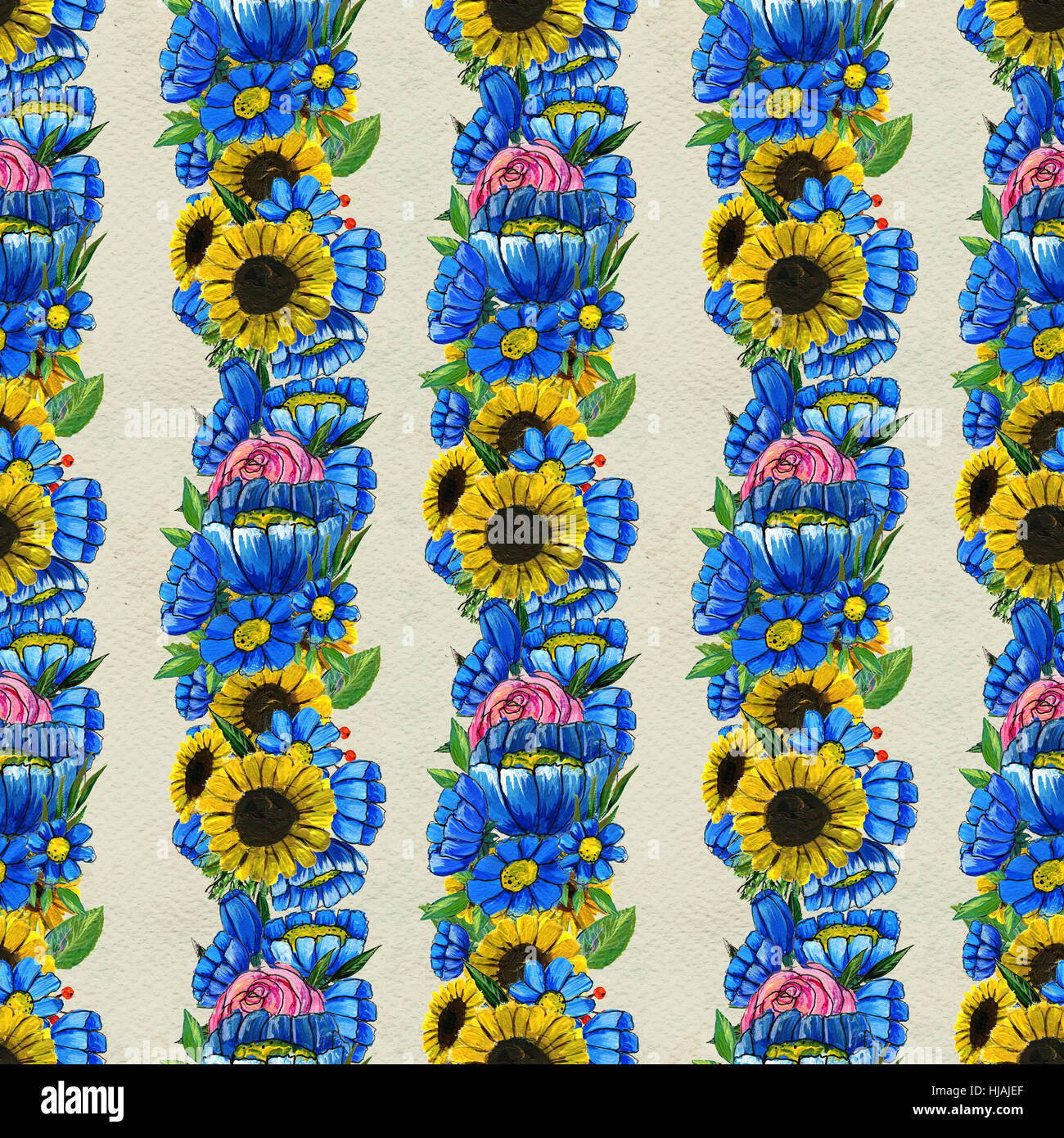 Seamless pattern with blue yellow and pink flowers Stock Photo - Alamy