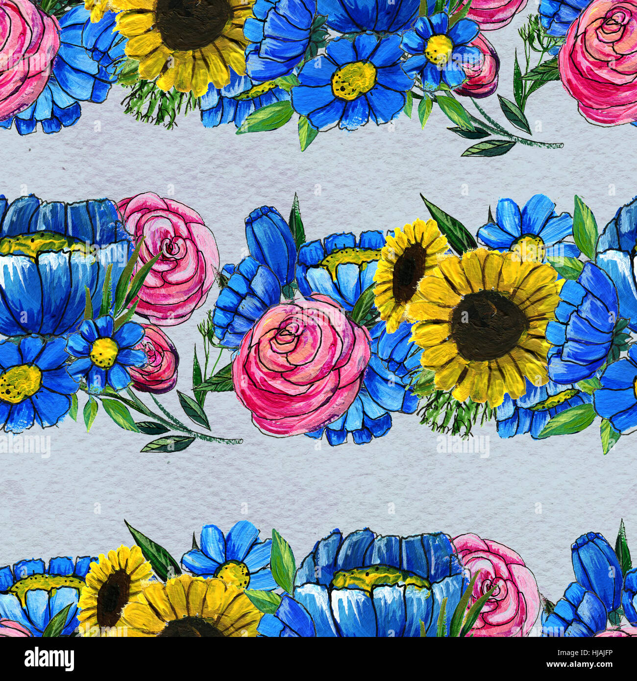Seamless pattern with blue yellow and pink flowers Stock Photo - Alamy