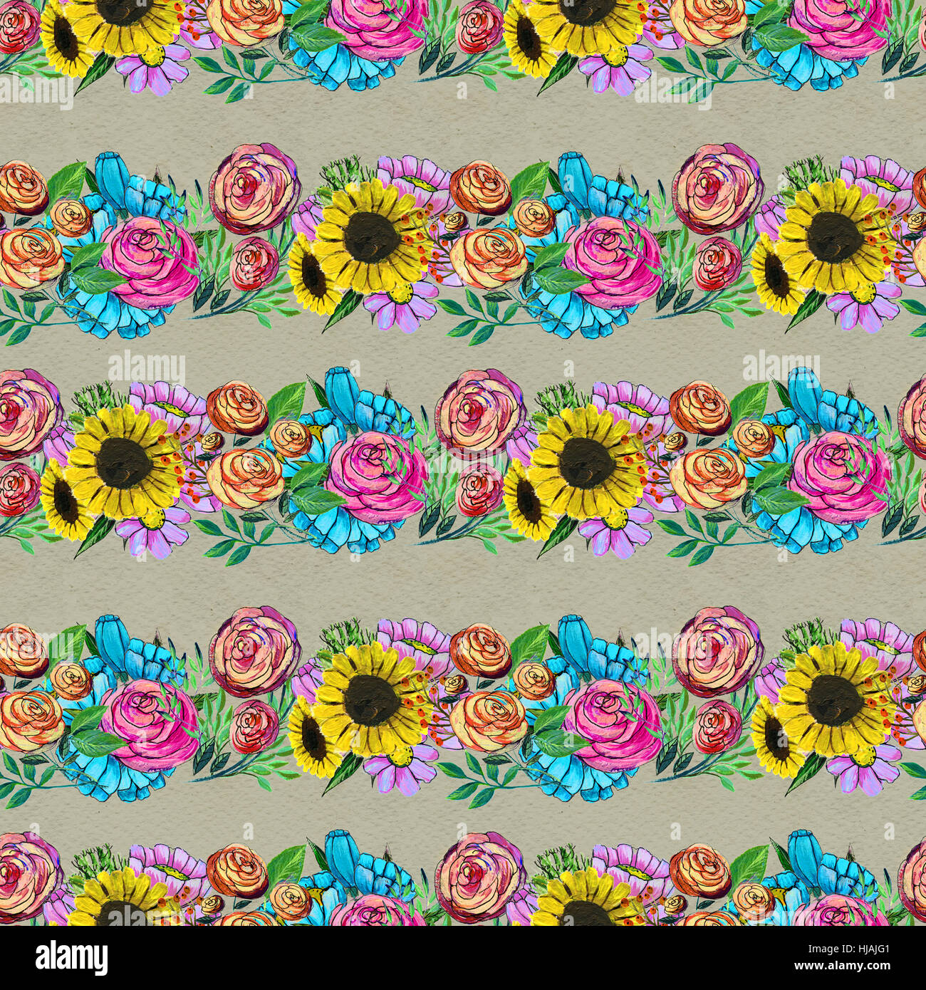 Seamless pattern with blue yellow and pink flowers Stock Photo - Alamy