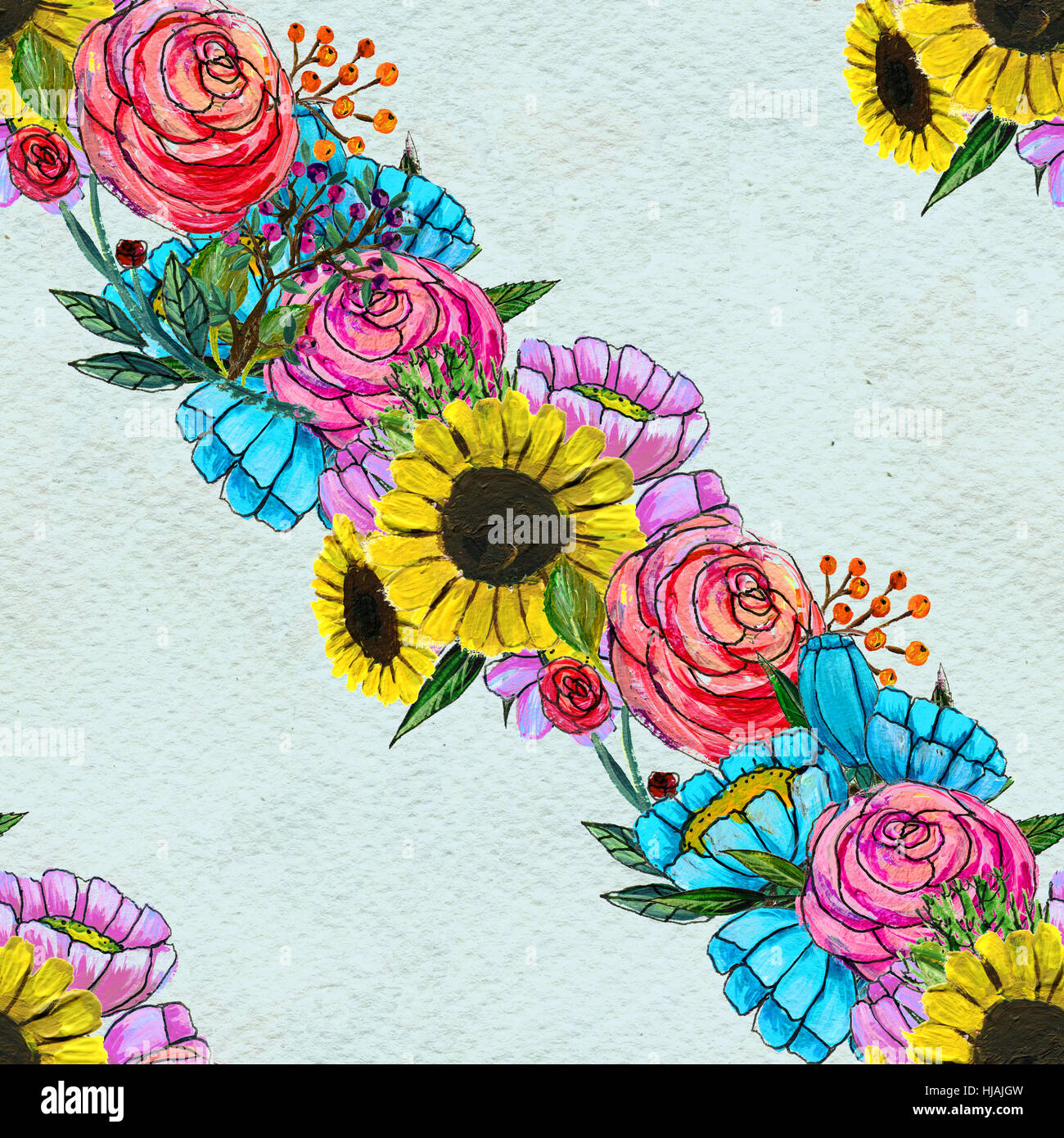 Seamless pattern with blue yellow and pink flowers Stock Photo - Alamy