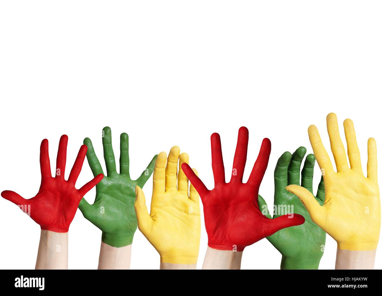 many colorful hands in red, yellow and green, isolated Stock Photo - Alamy