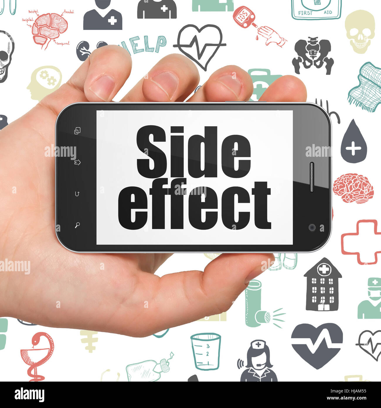 Health concept: Hand Holding Smartphone with Side Effect on display ...