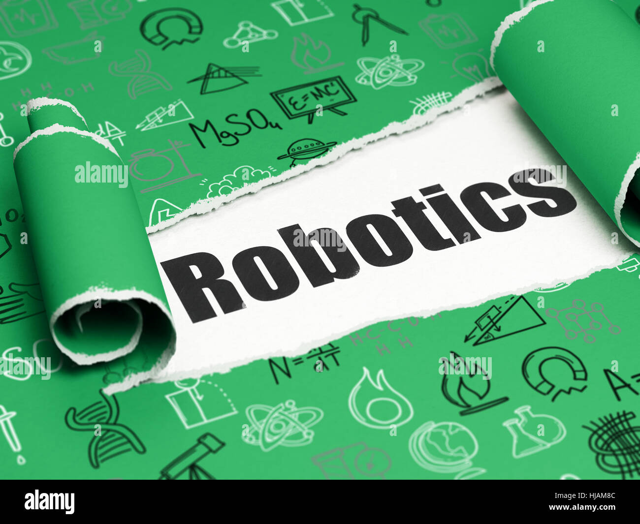 Science concept: black text Robotics under the piece of torn paper ...