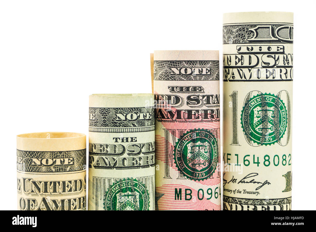rising steps made of rolls of four most valued american dollar ...
