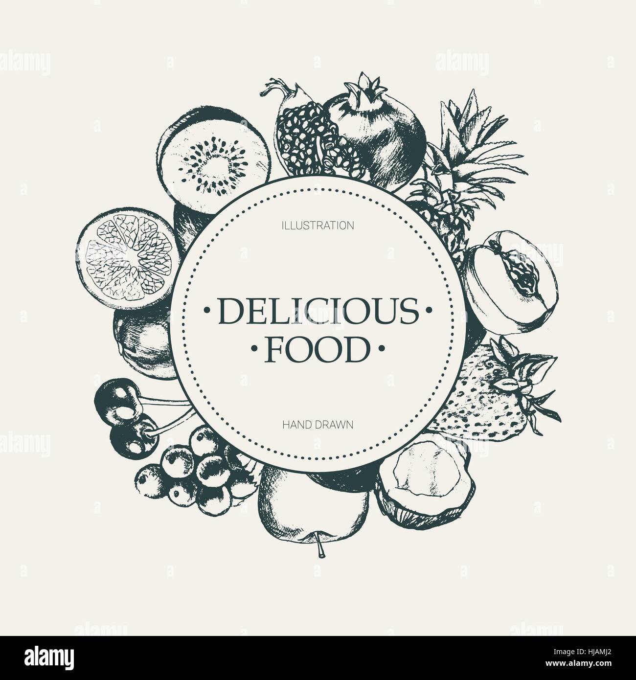 Round Fruit Frame - vector hand drawn design illustration Stock Vector ...