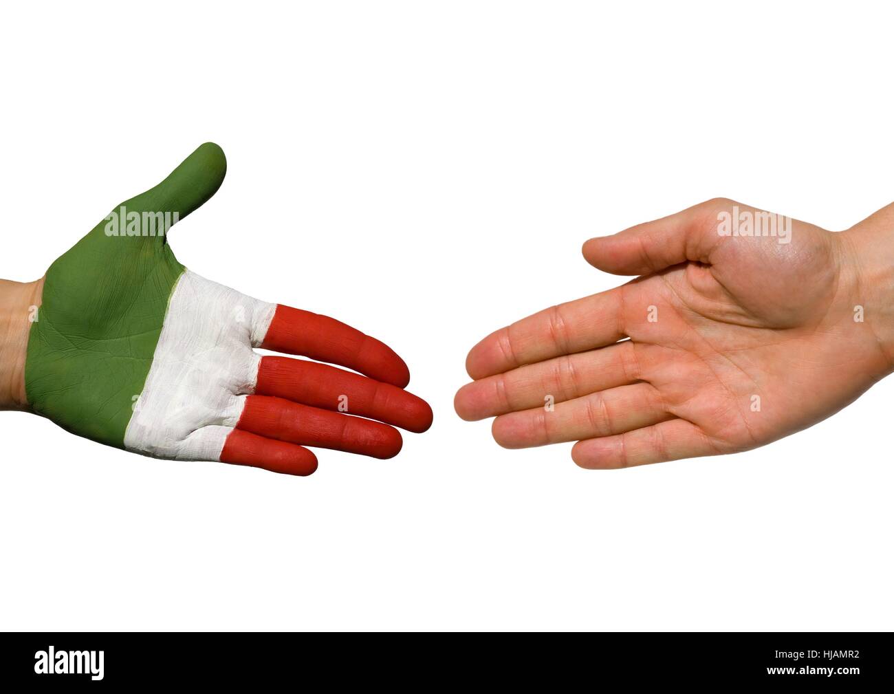 two hands, one in the colors of italy and one with copyspace, both ...