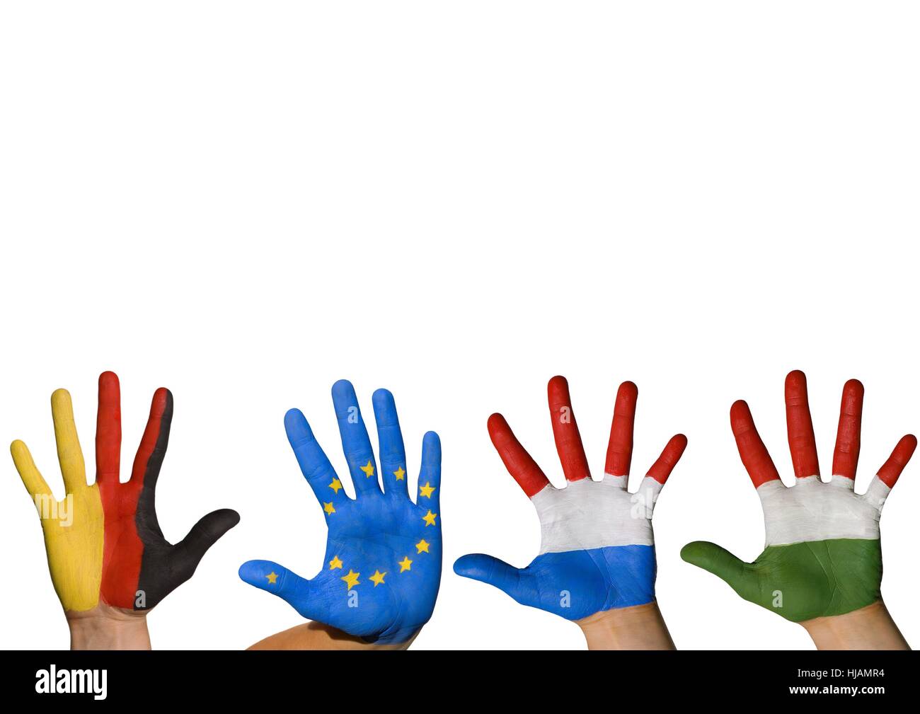 four hands waving symbolizing europe, isolated Stock Photo - Alamy