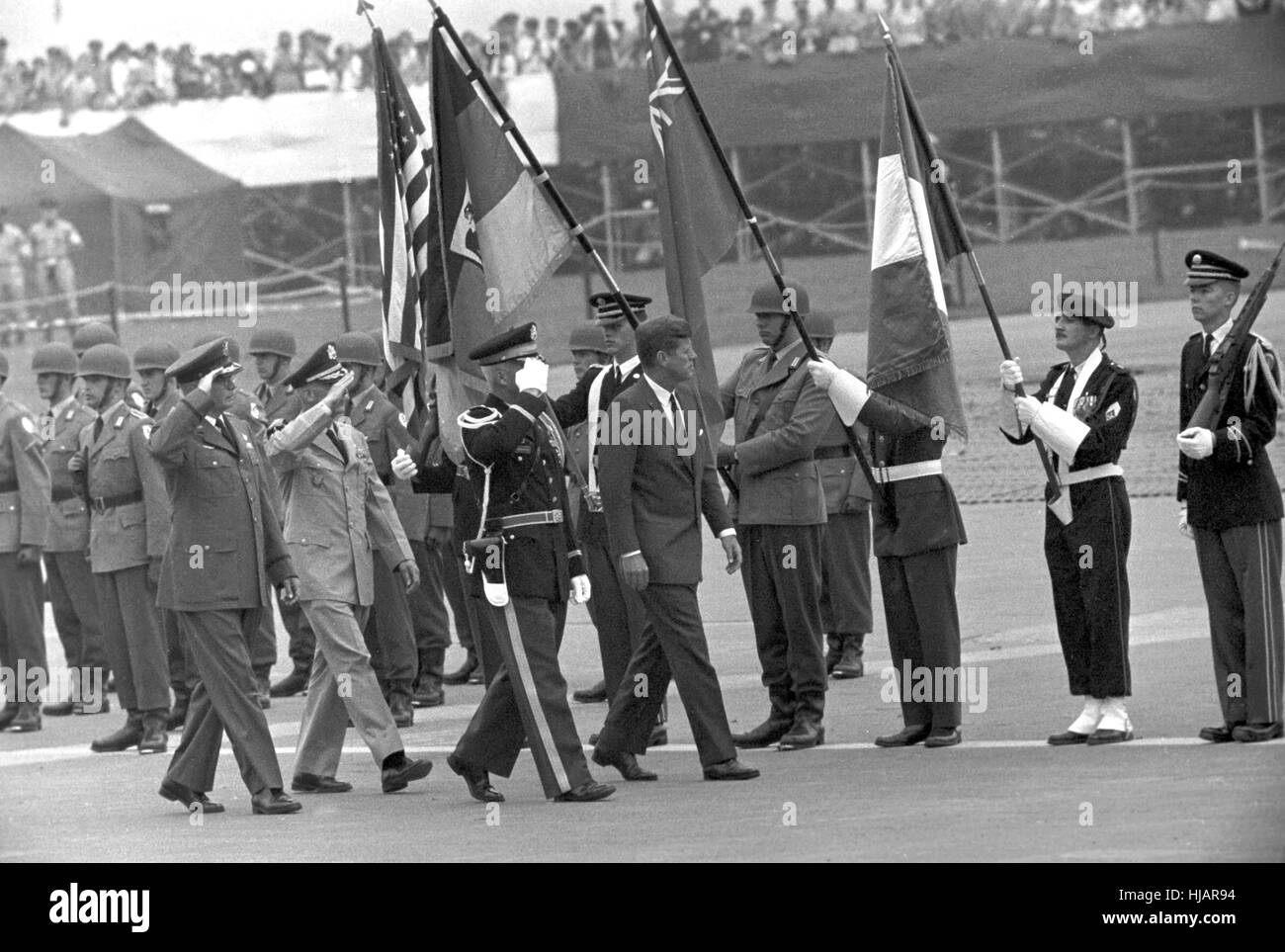 US president John F. Kennedy at a NATO military parade at the air base ...