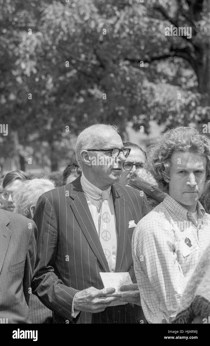 Dr. Benjamin Spock arrives at the anti-war protest rally in Washington ...