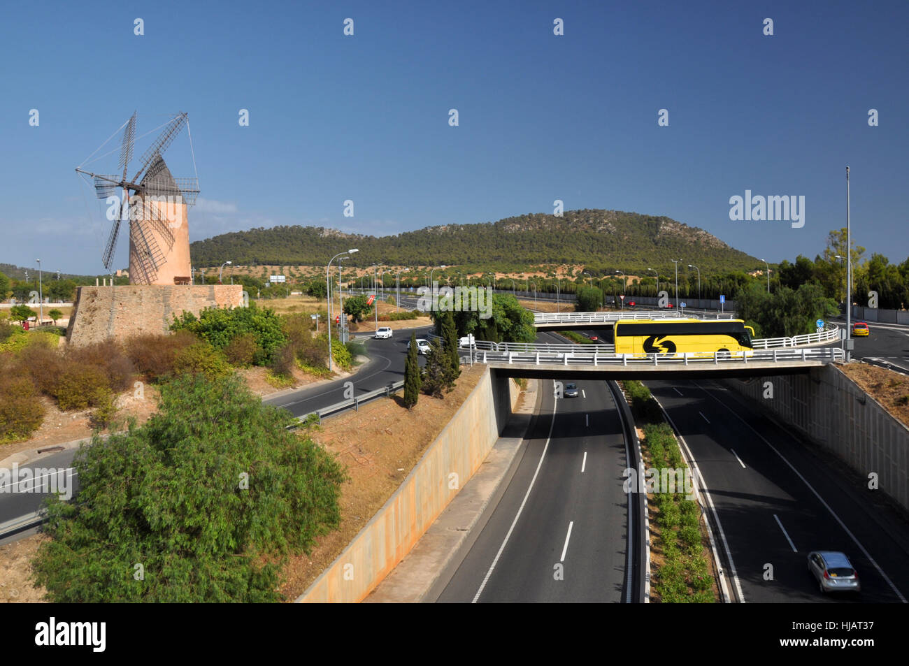mountains, traffic, transportation, mallorca, spain, asphalt, windmill ...