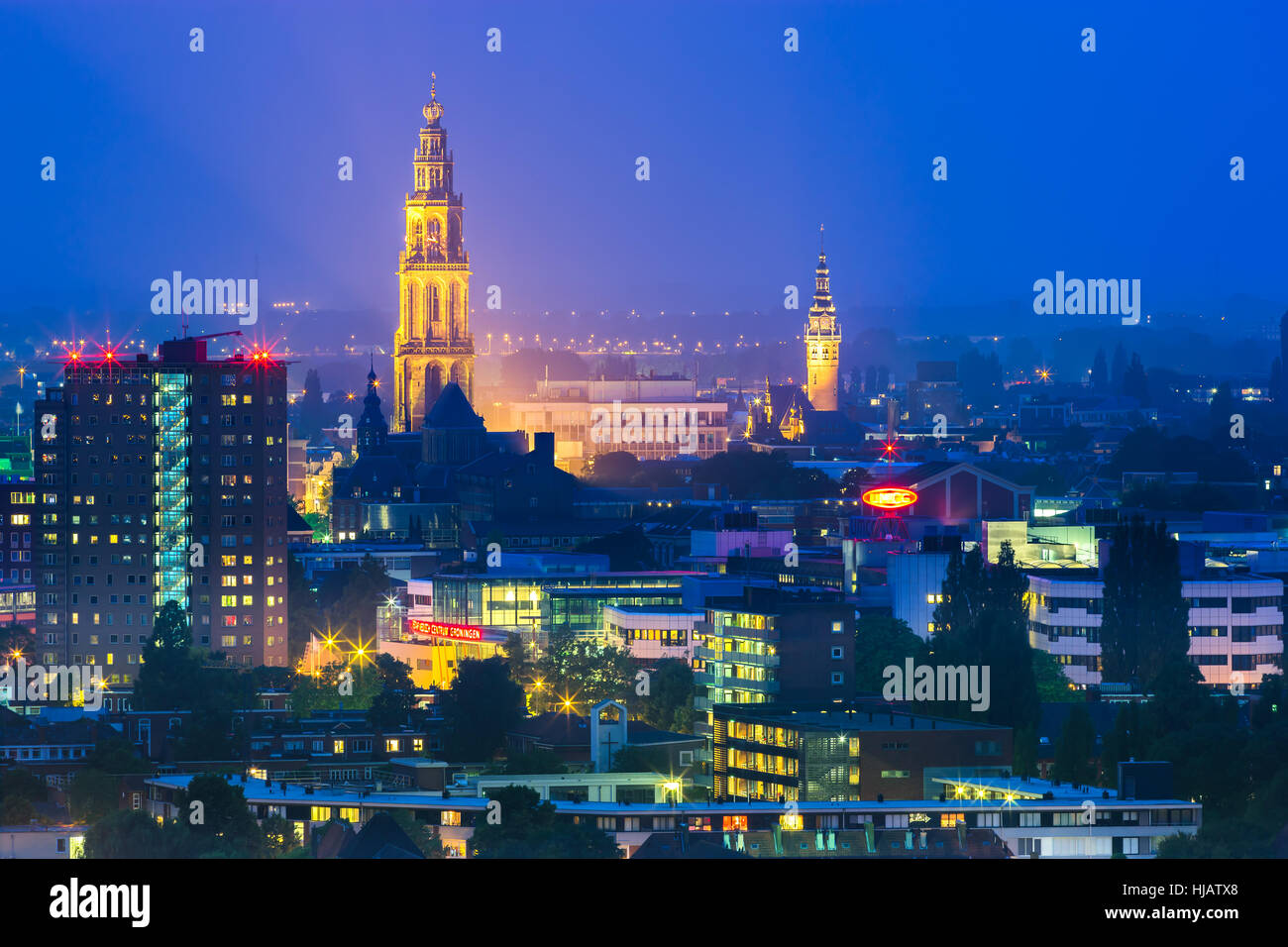 Groningen town during blue hour, after sunset on a summer evening with ...