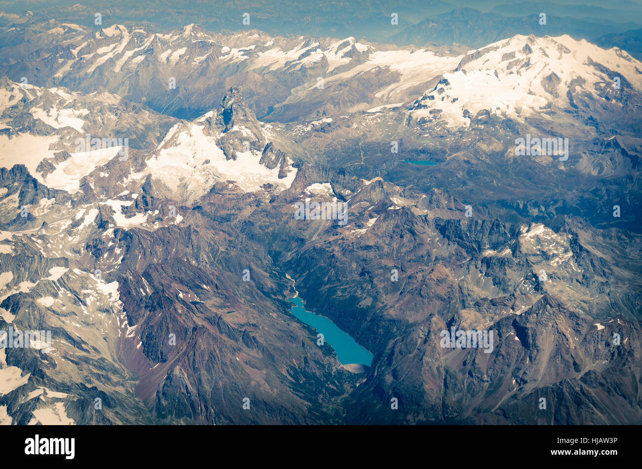 Aerial view of Swiss Alps with Mount Rosa Massif to right and ...