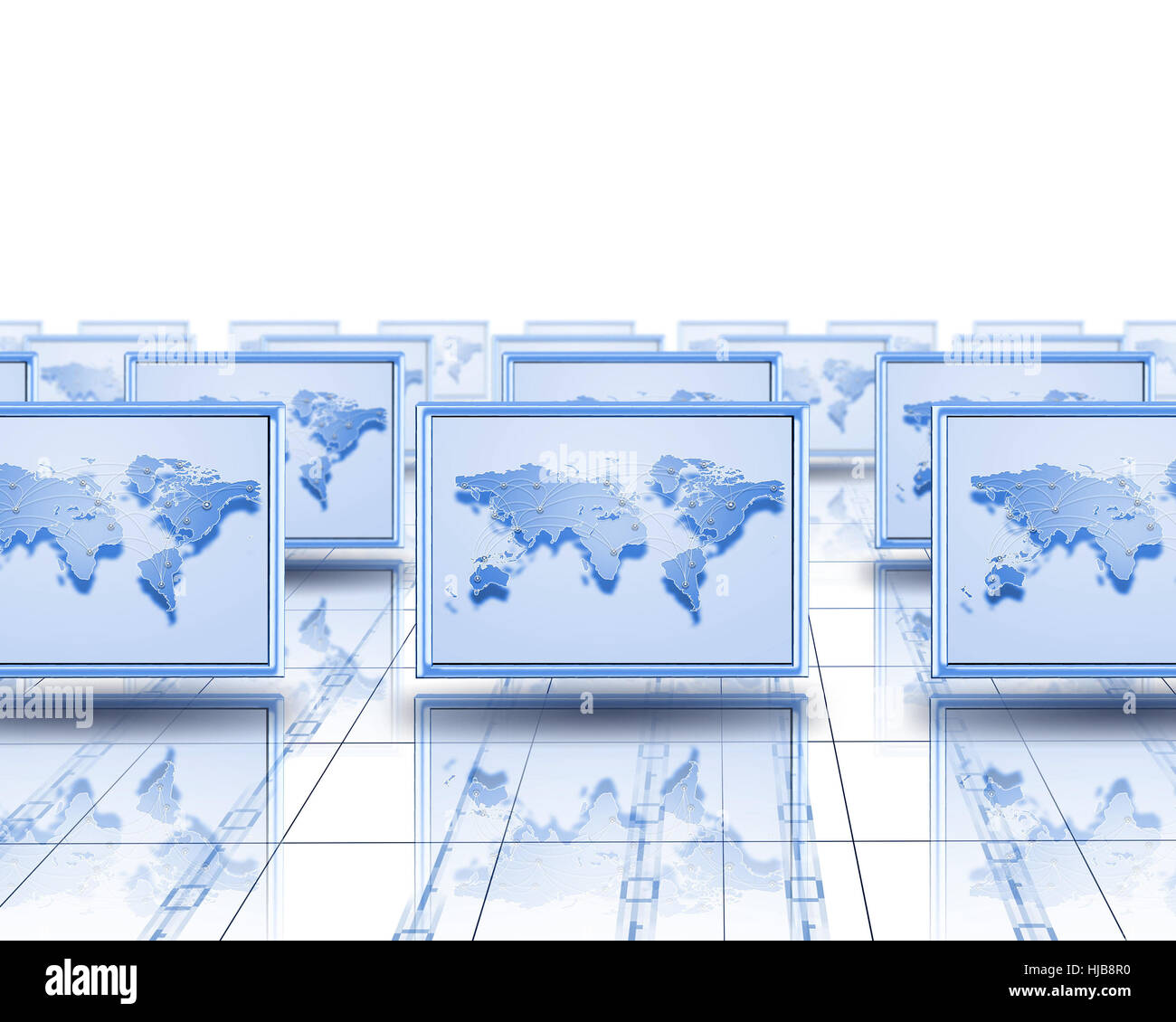 Computer screens with an image of the world on them> Stock Photo - Alamy