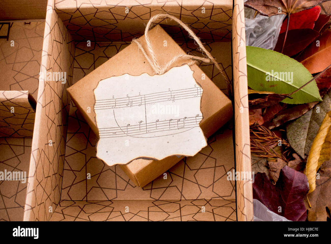 Musical notes on a burnt paper put in a box by a rope Stock Photo - Alamy
