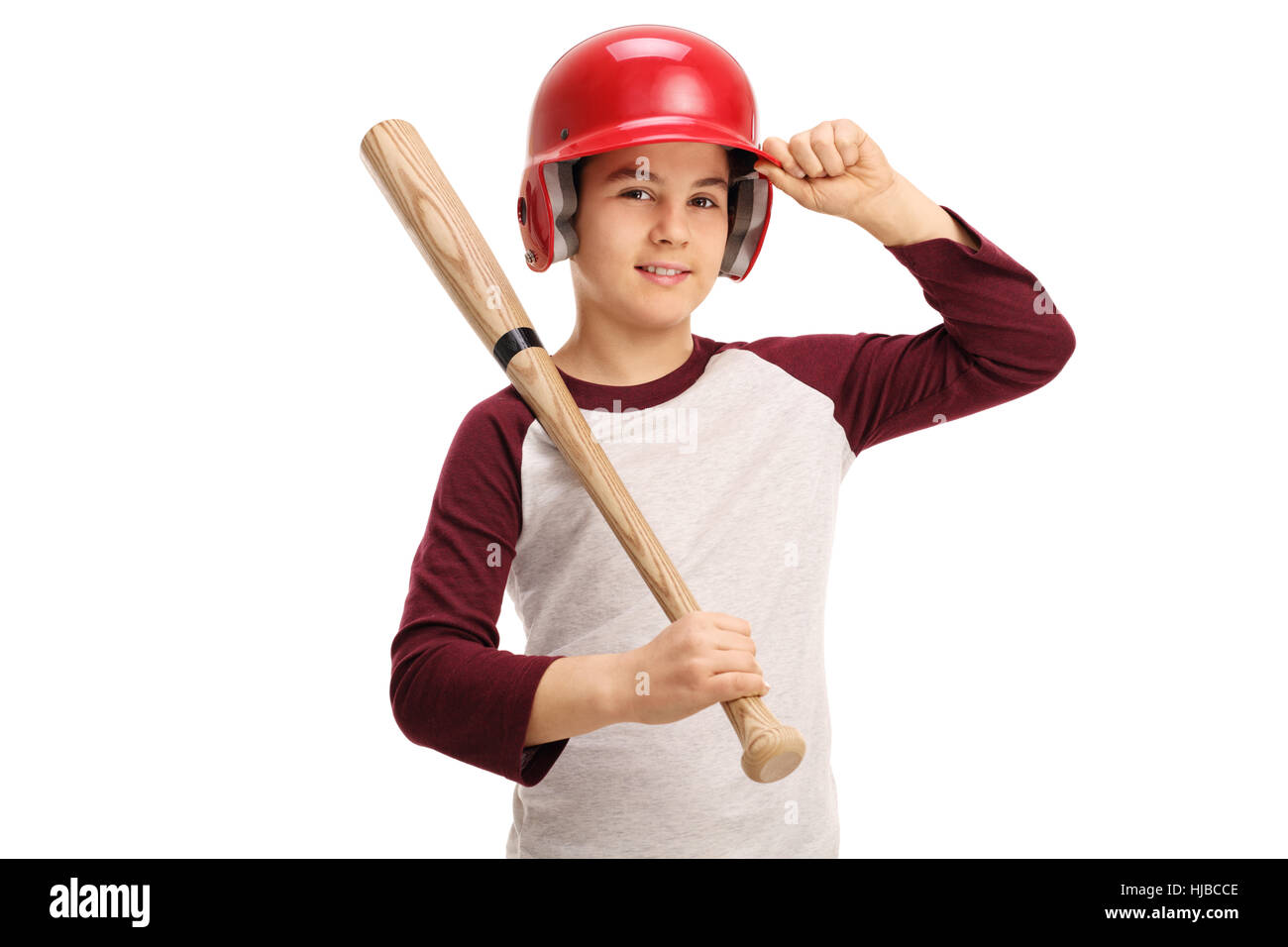 Kid with a baseball bat and a helmet isolated on white background Stock ...