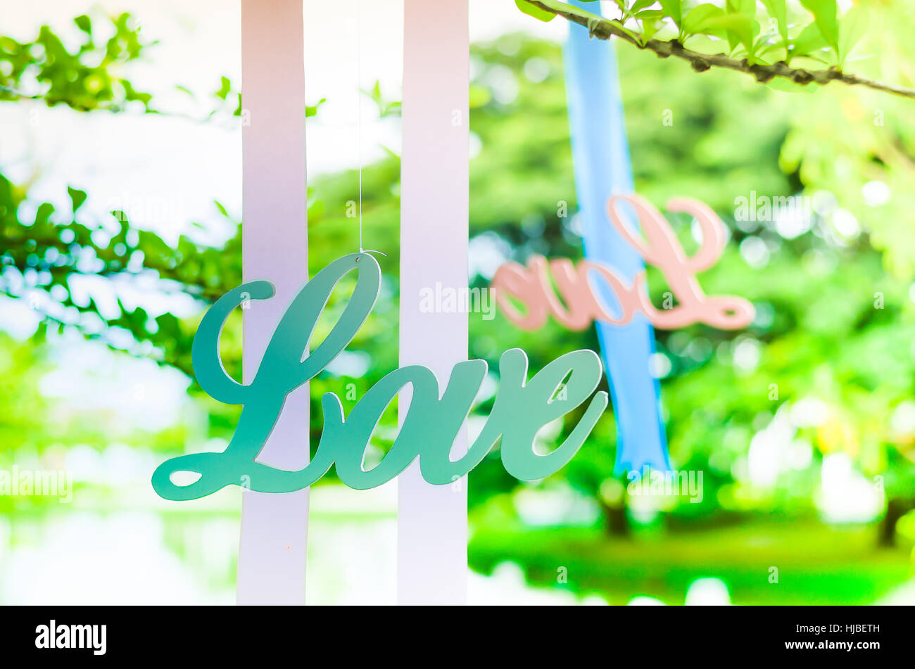 Wooden letters forming word LOVE hanging on tree background Stock Photo ...