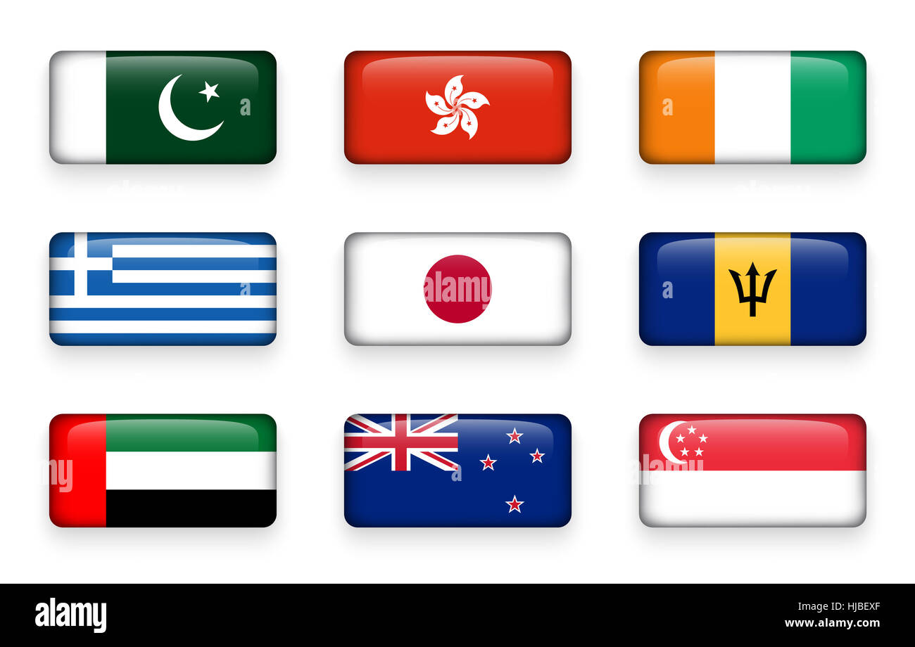 Set of world flags rectangle buttons ( Pakistan . Hong kong . Ivory ...