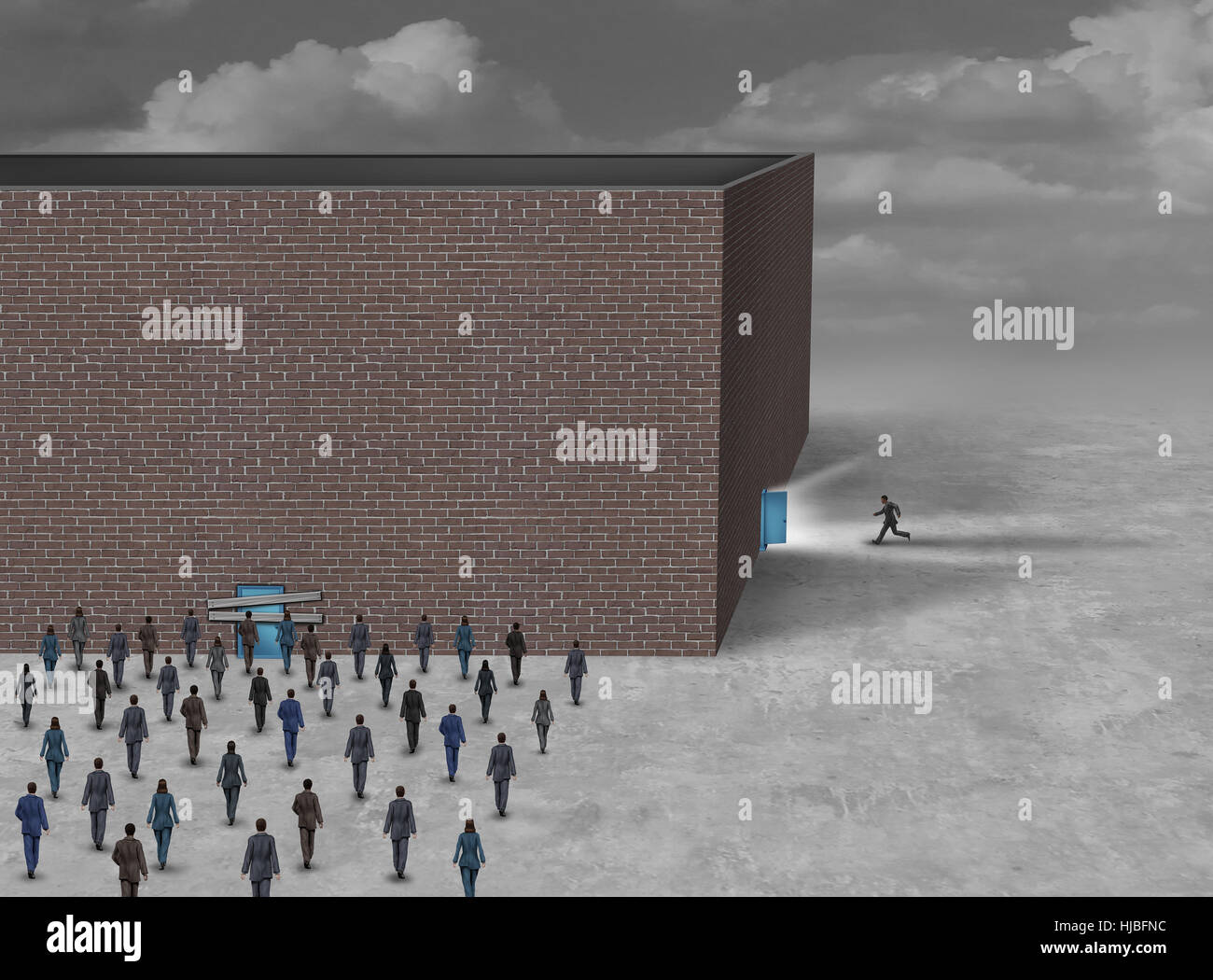 Using the side door business concept as a group of people blocked or ...