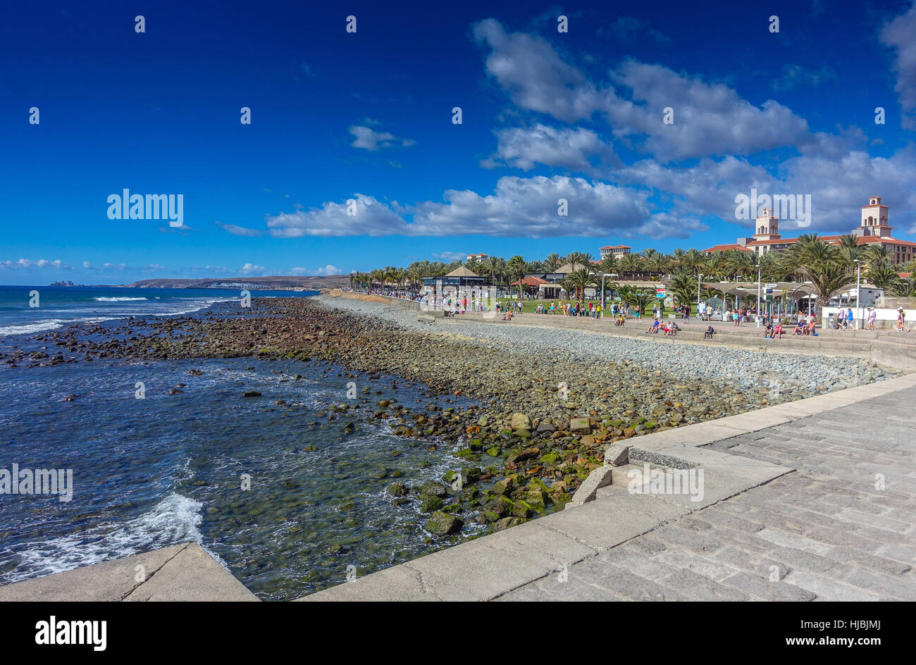 Beaches and promenade with crowds, Maspalomas, Gran Canaria, Spain ...