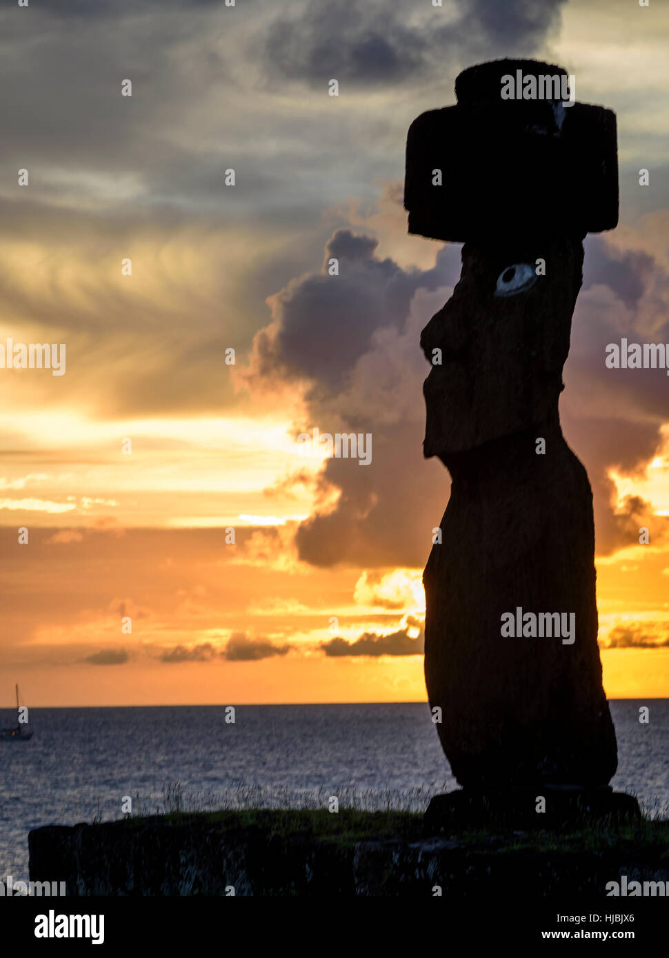 sunset at Ahu Ko Te Riku in Easter Island .Hanga Roa.Ko Te Riku is the ...