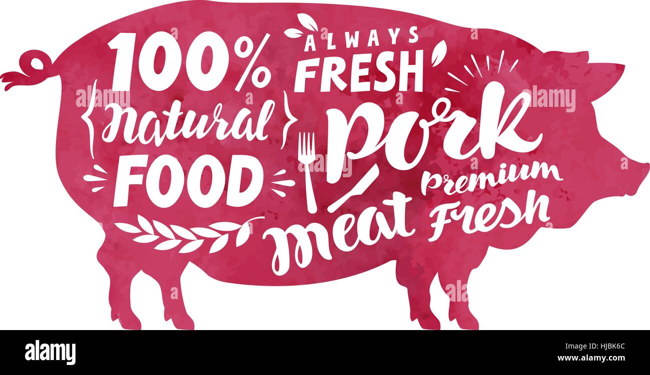 Meat, fresh pork, vector label. Silhouette pig with lettering to menu ...