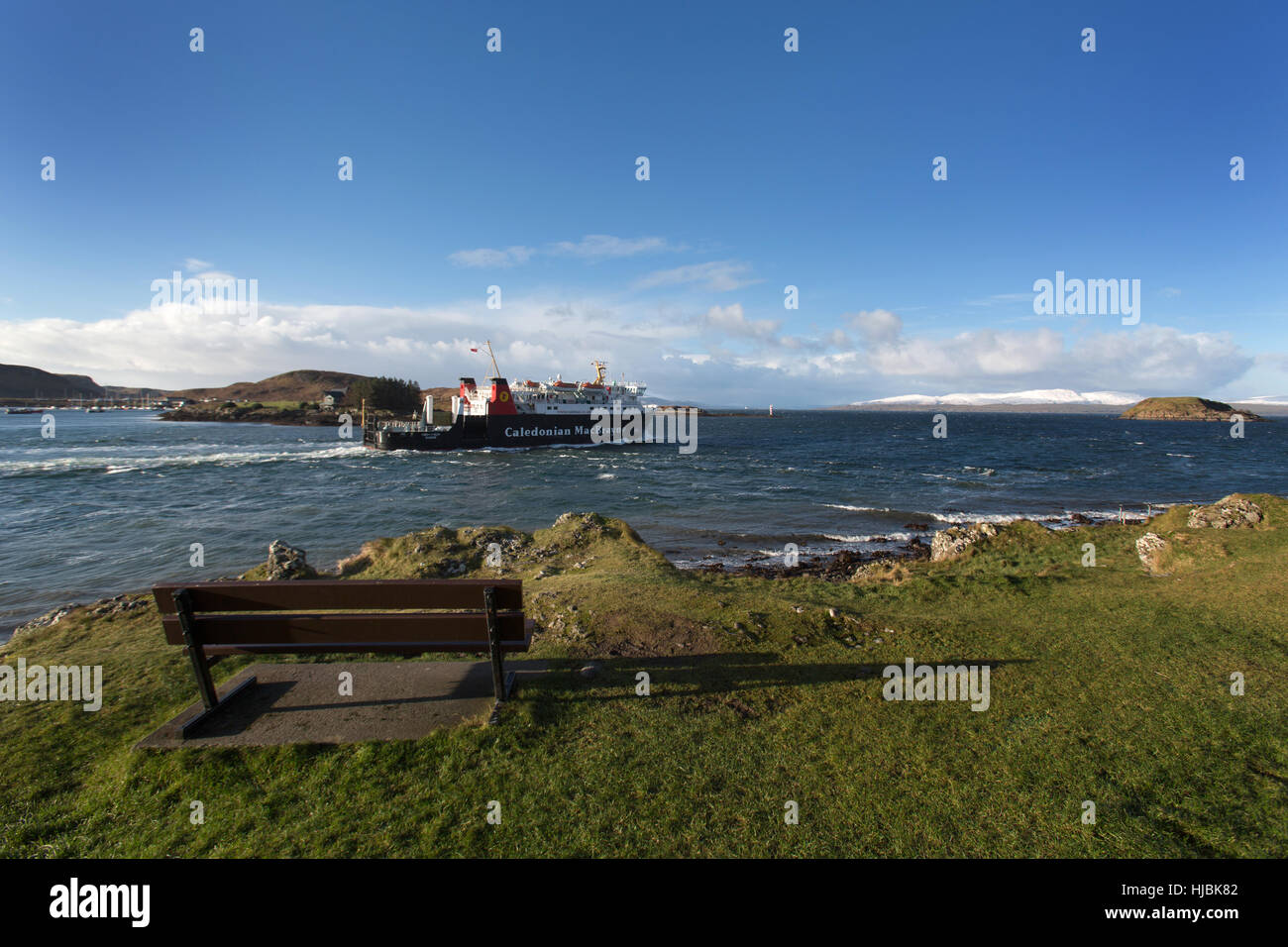 Town of Oban, Scotland. Picturesque view of a Cal Mac ferry on passage ...