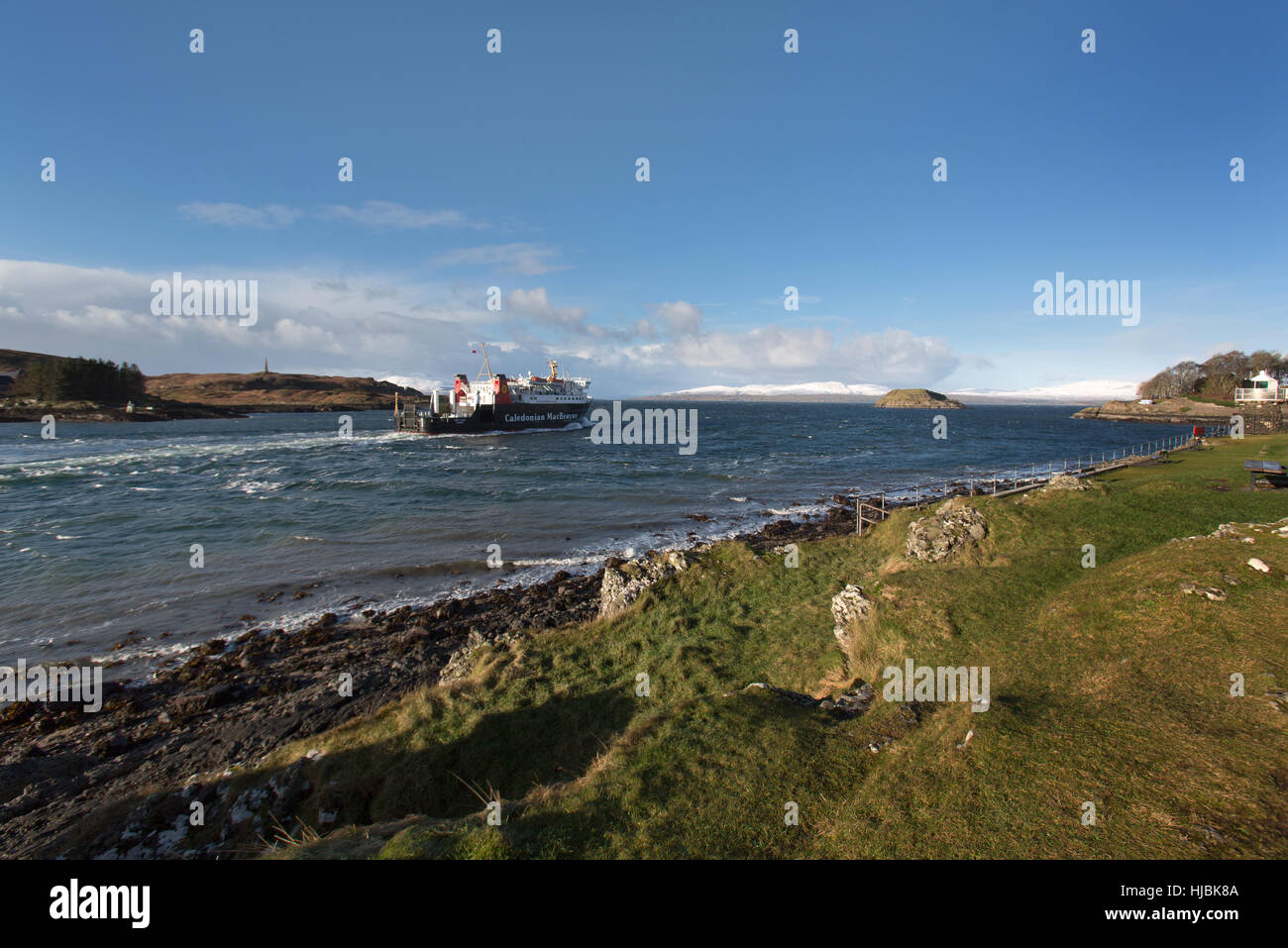 Town of Oban, Scotland. Picturesque view of a Cal Mac ferry on passage ...